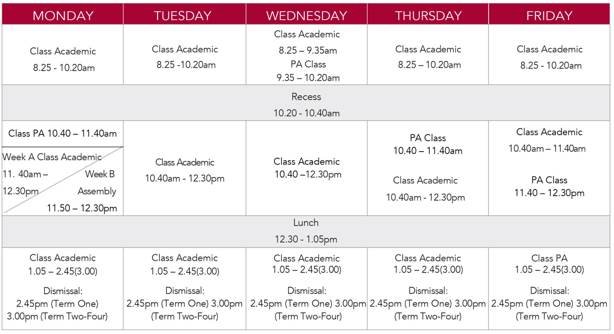 Timetable examples - The McDonald College - Performance Centred K-12